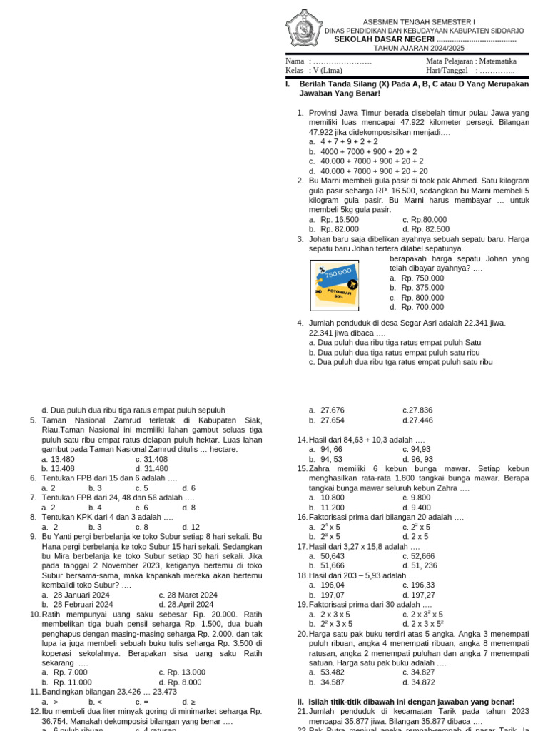 Soal MTK Kls 5 Pts 1 | PDF