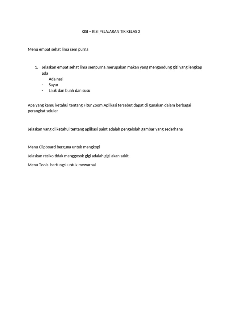Kisi -Kisi Pelajaran Tik Kelas 2 | PDF