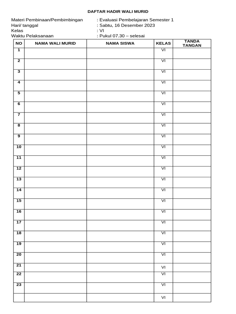 DAFTAR HADIR RAPAT Kelas 6 | PDF