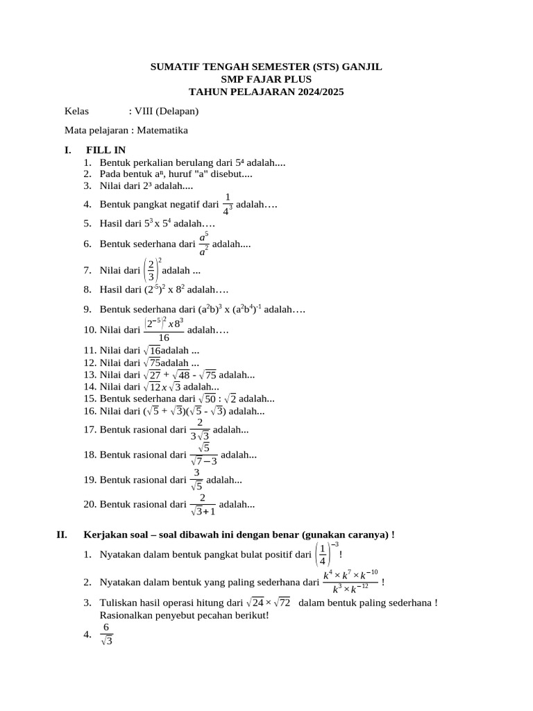 STS Ganjil Matematika Kelas 8. 24-25docx | PDF