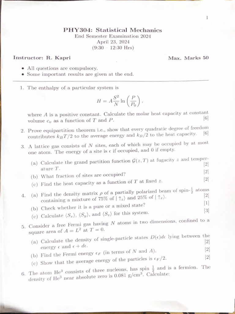 Endsem. Stat Mech | PDF