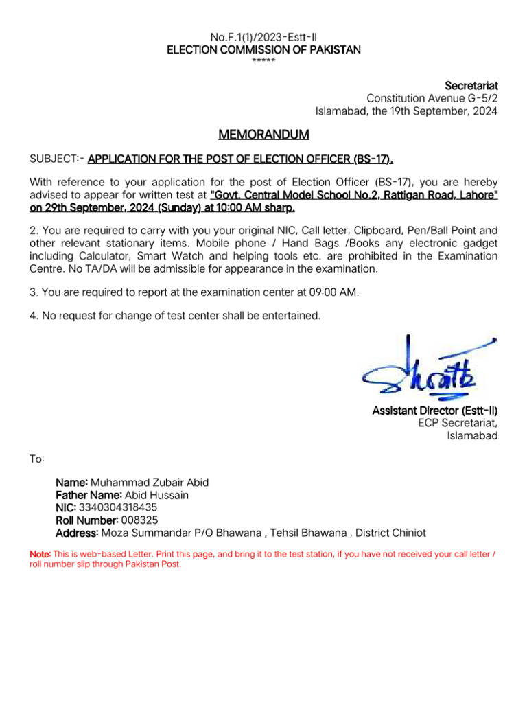 ECP Roll Number Slip for Election Officer | PDF