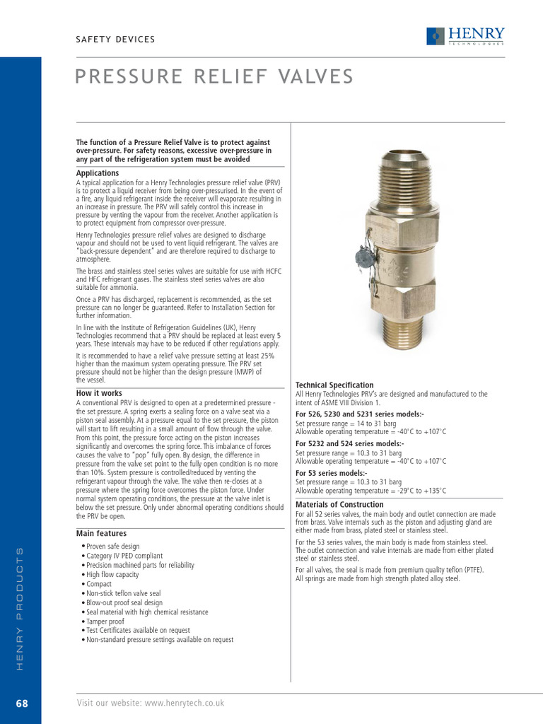 Henry Pressure Relief Valves Technical Info | PDF