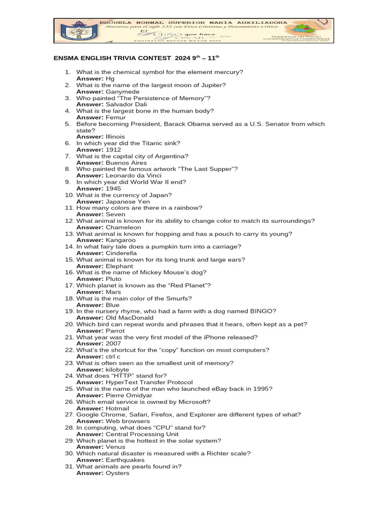 ENSMA ENGLISH TRIVIA CONTEST 2024 9th - 11th Questions | PDF