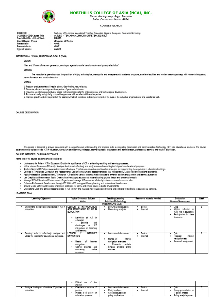 Teaching Common Competencies in Ict Syllabus | PDF