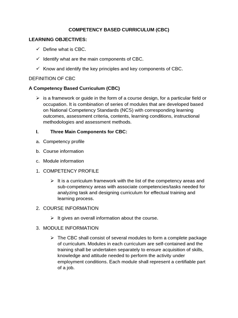 Competency Based Curriculum (CBC) Learning Objectives | PDF