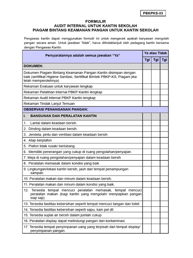 PBKPKS-03 Form Audit Internal-Kantin Sekolah | PDF