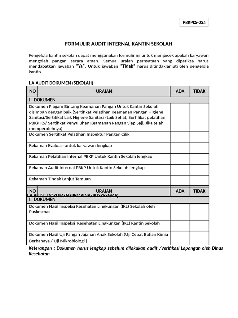 PBKPKS-03a Form Audit Internal Untuk Sekolah 2019 | PDF