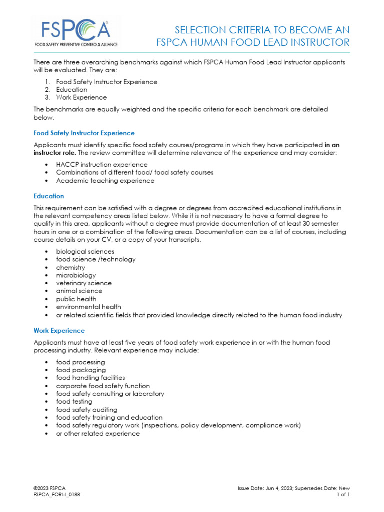FSPCA - FORM - 0188 - HF LI Selection Criteria - 2023 06 04 | PDF