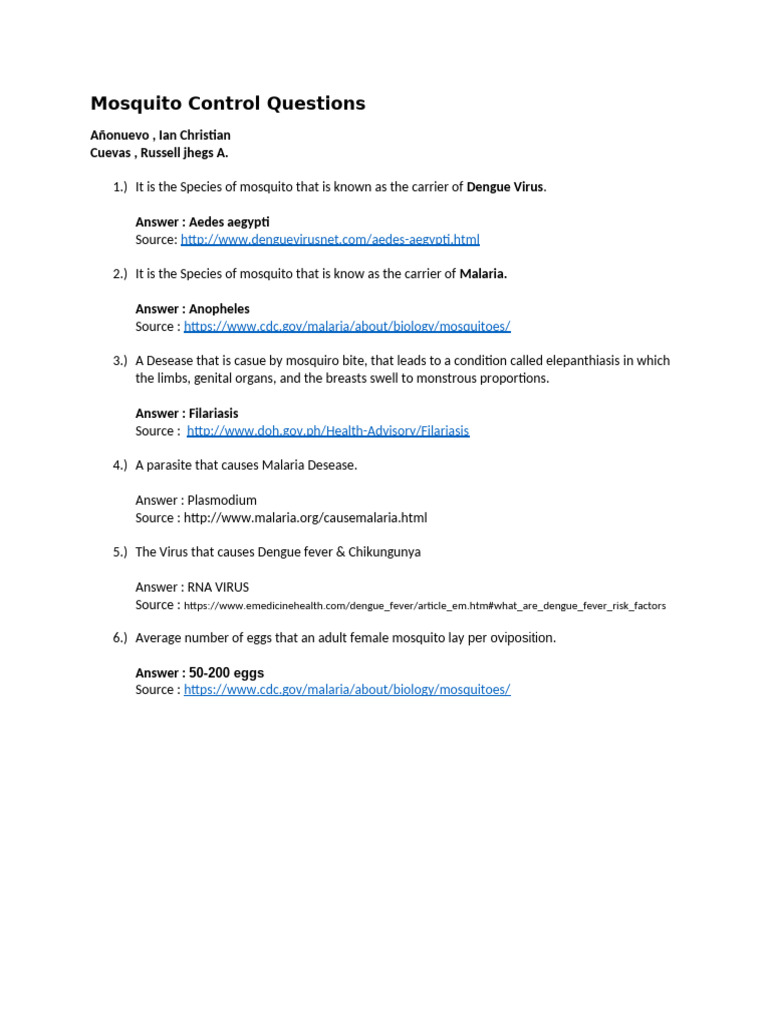 Mosquito Control 10 Questions With Answer | PDF