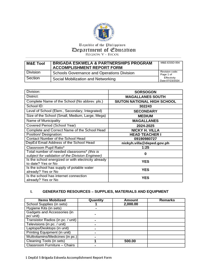 Brigada Eskwela Accomplishment Report 2024 | PDF