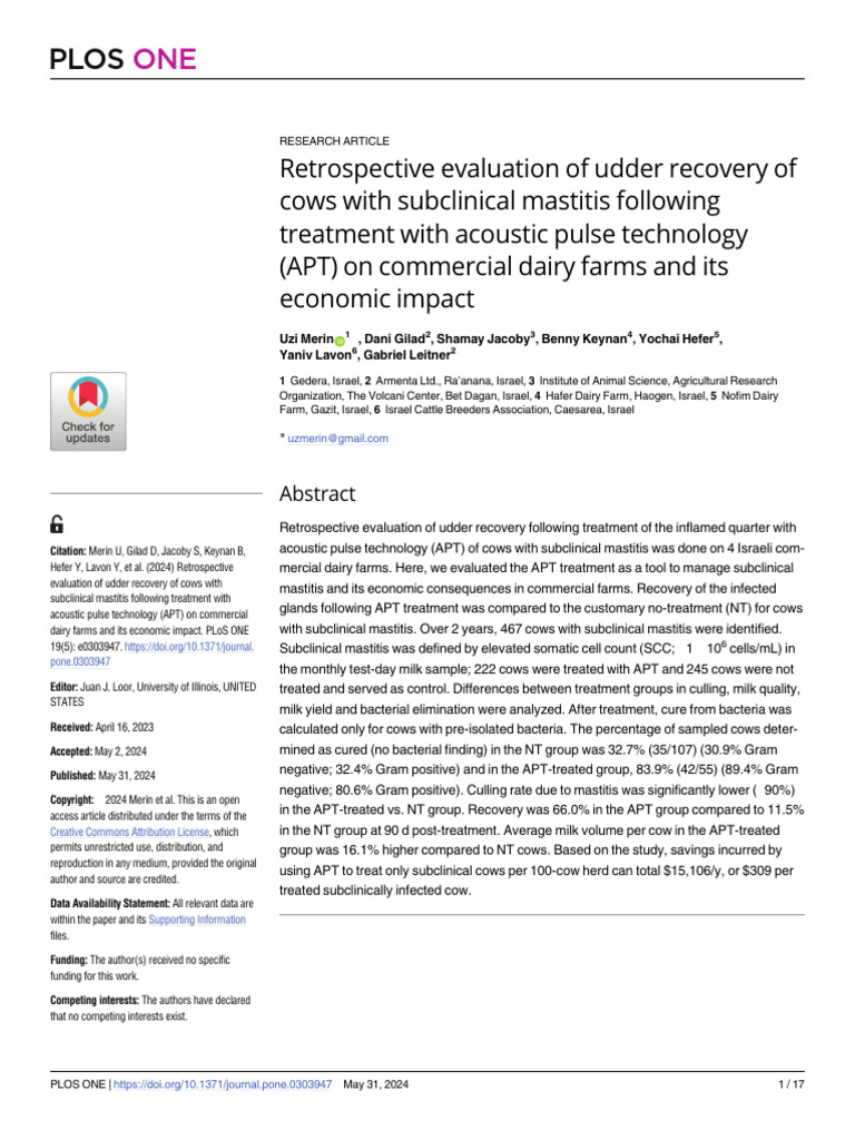 2024may Udder Recovery of Cows With Subclinical Mastitis Following | PDF