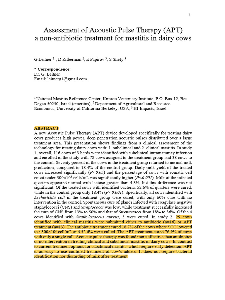 2018 Abstract Assessment of APT For Mastitis in Dairy Cows | PDF