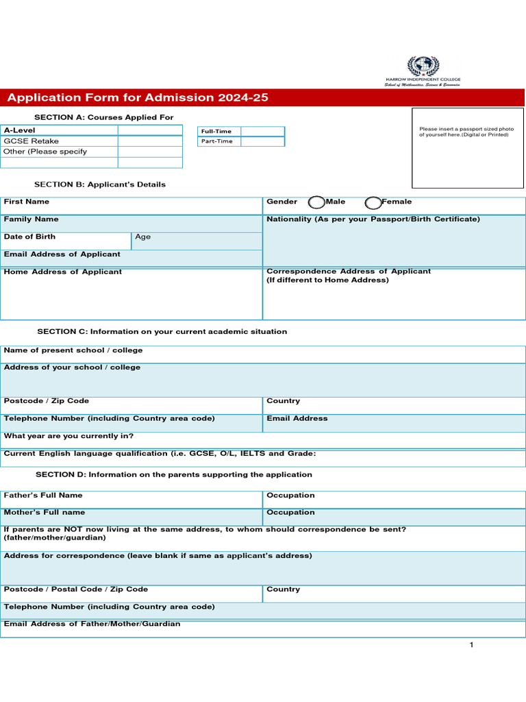 HIC Application Form Full Time 2024 25 Editable | PDF