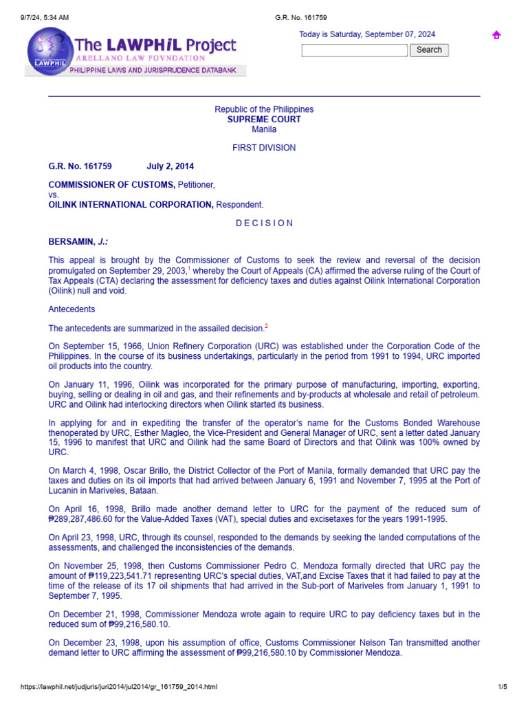 Commissioner of Customs vs. Oilink International Corporation, G.R. No ...
