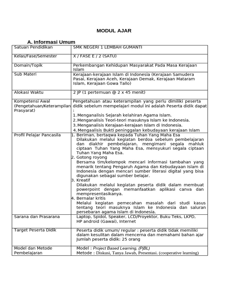 Modul Ajar Sejarah - Modul Ajar Sejarah Kelas X - Perkembangan Islam Di Indonesia - Fase E | PDF