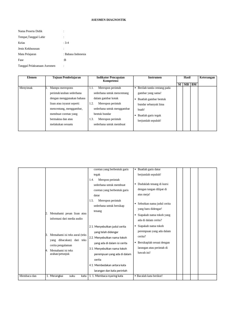 Asesmen Diagnostik Fase B Bhs Ind | PDF