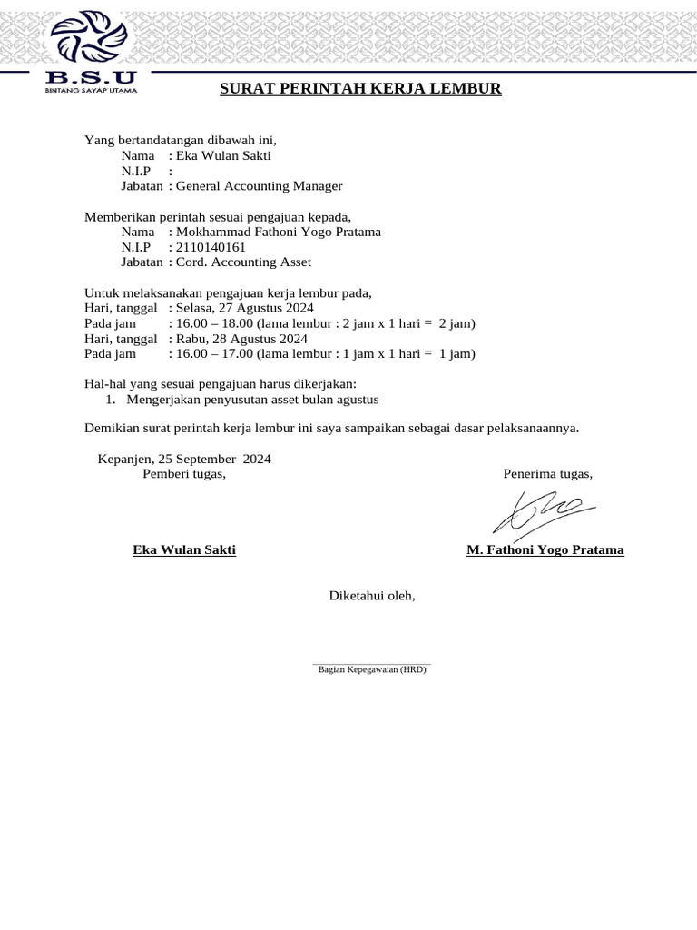 SURAT PERINTAH KERJA LEMBUR 26-29 Agustus 24 | PDF
