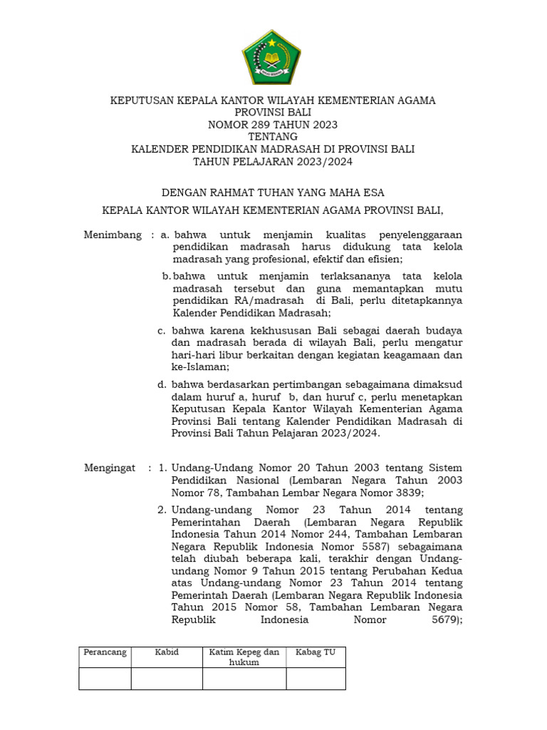 Draft SK Kaldik 2023-2024 | PDF