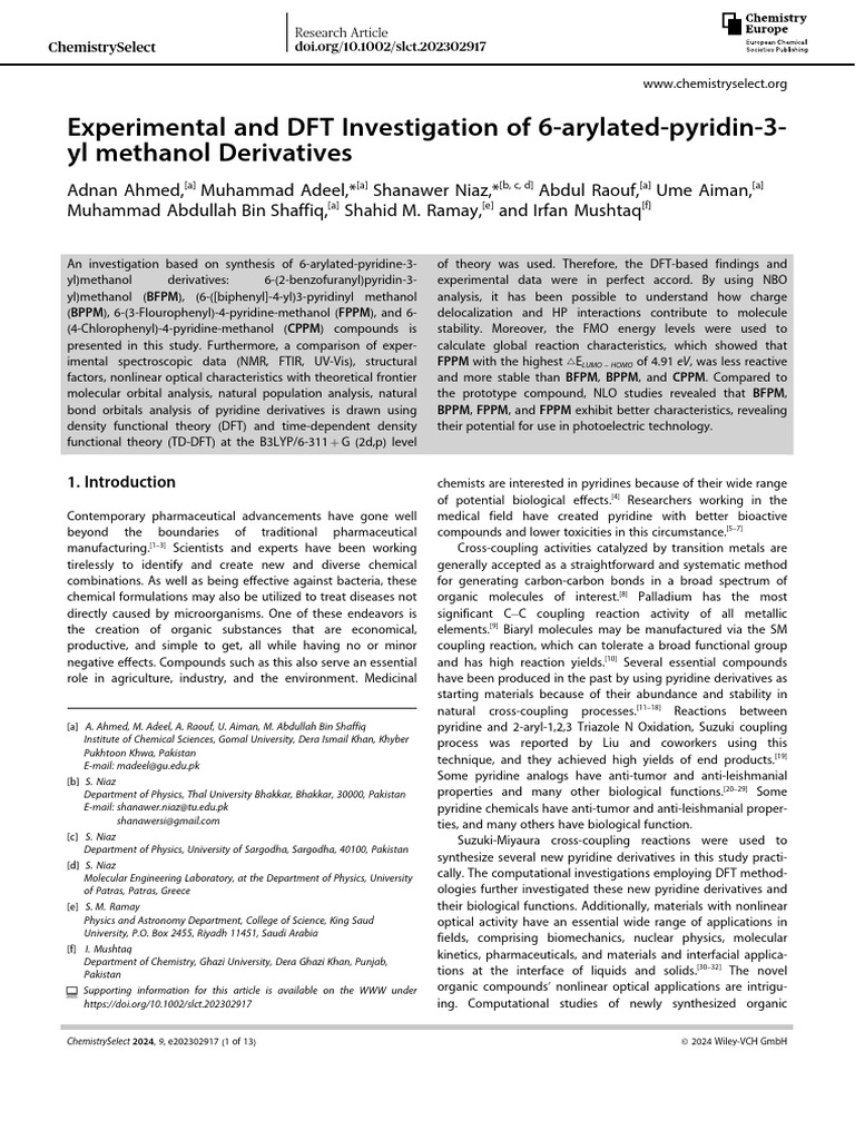 Experimental and DFT Investigation of 6-Arylated-Pyridin-3-Yl Methanol Derivatives | PDF