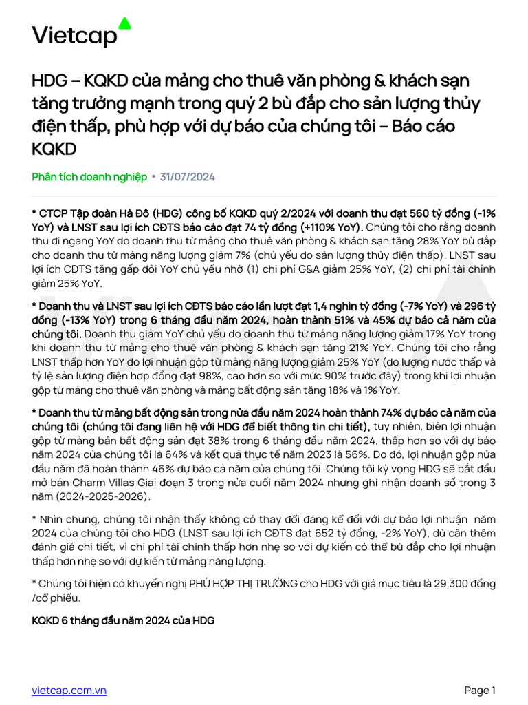 HDG - KQKD của mảng cho thuê văn phòng & khách sạn tăng trưởng mạnh trong quý 2 bù đắp cho sản ...