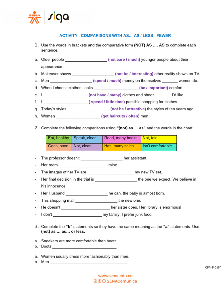 Activity - Comparisons With As... As and Less - Fewer | PDF