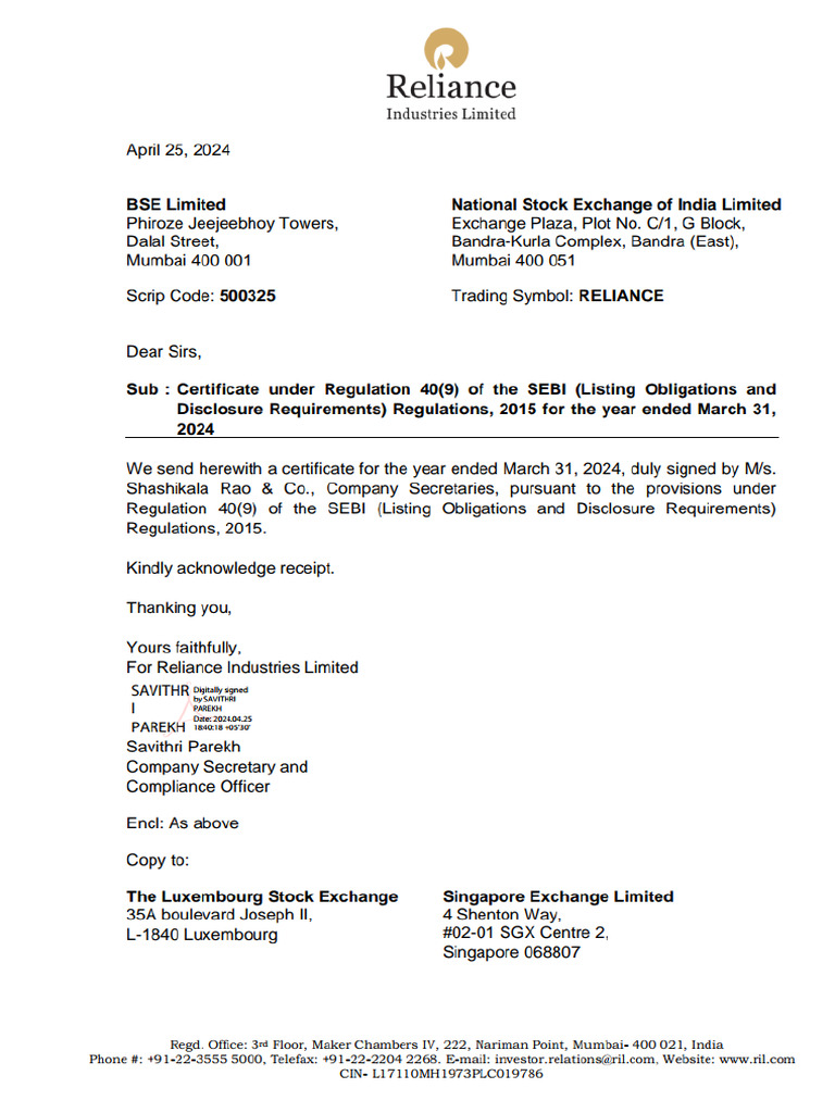 Reliance SEBI Certificate | PDF