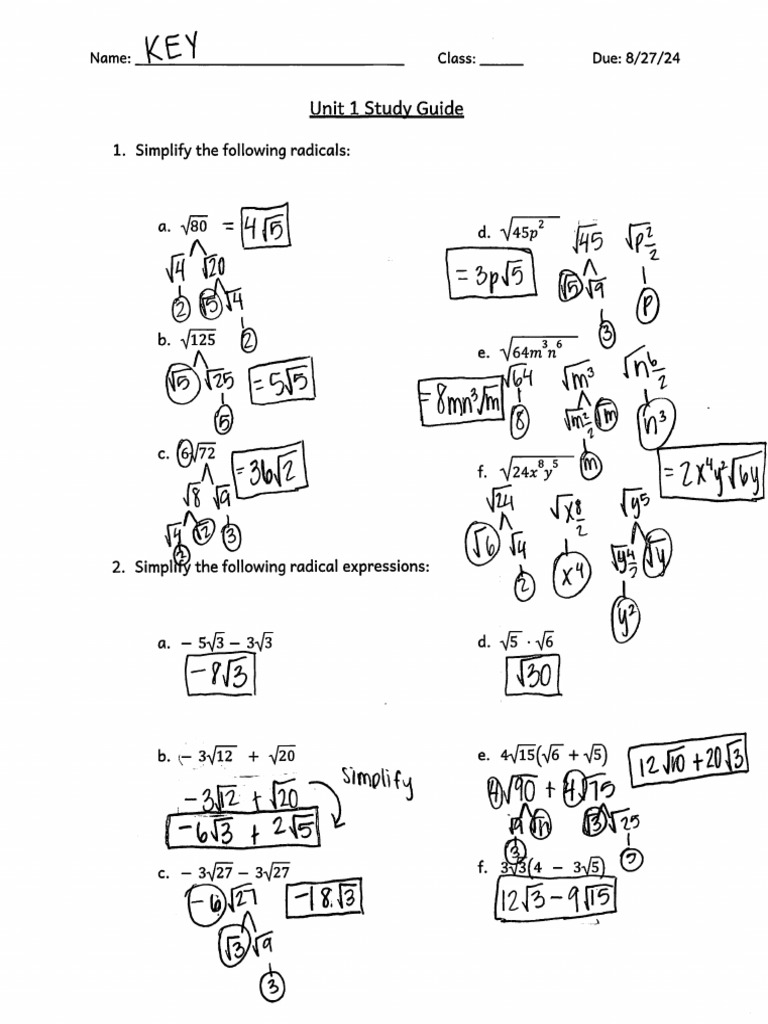 KEY Algebra Unit 1 Study Guide | PDF