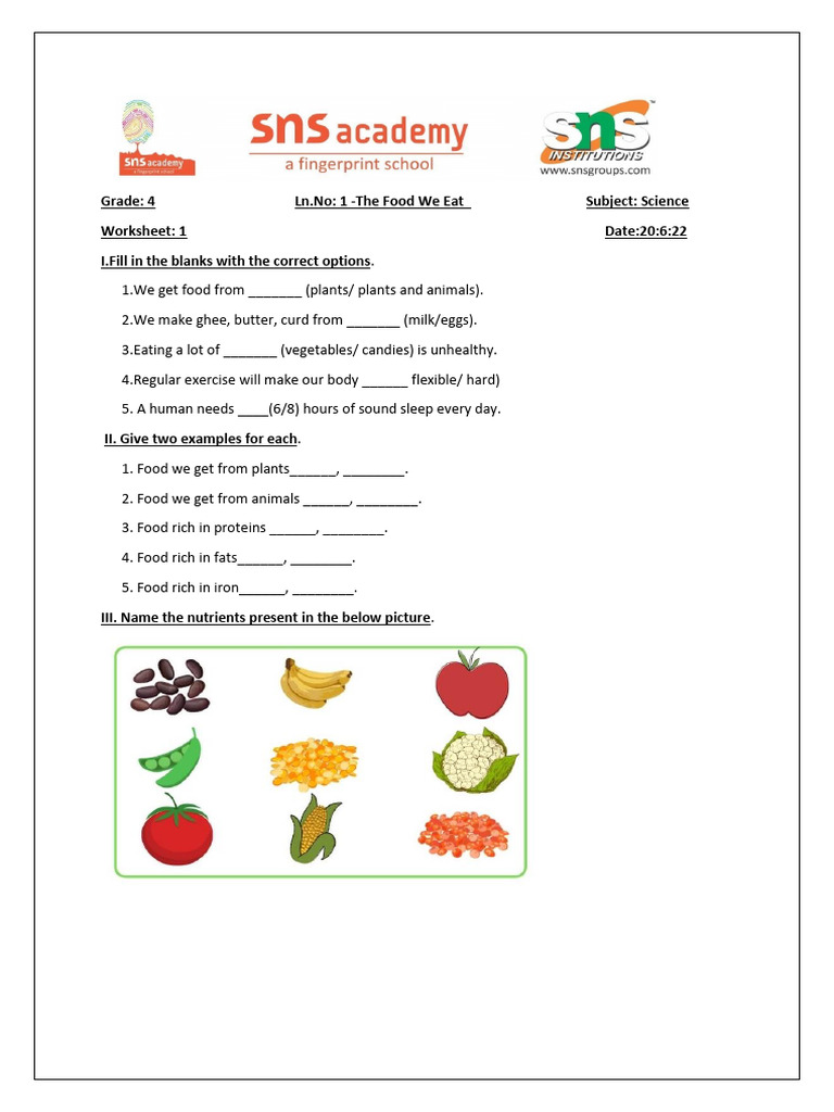 Worksheet 1 and 2 The Food We Eat Grade 4 | PDF