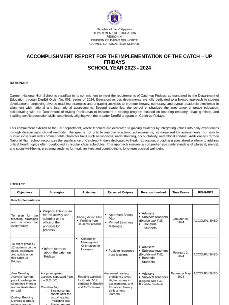 Catch-Up Fridays Accomplishment Report | PDF | Learning | Teachers