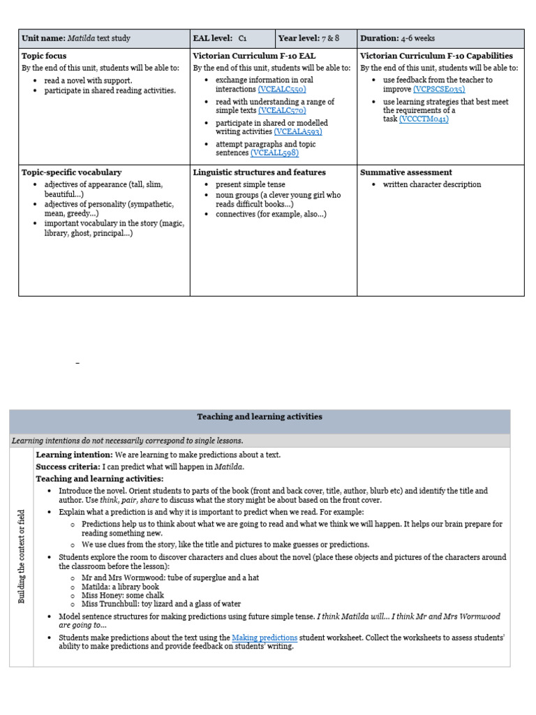 TEAL UnitPlan MatildaTextStudy FINAL | PDF