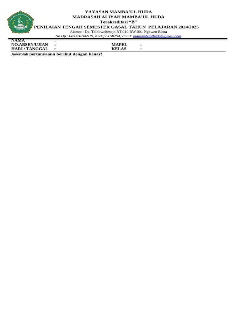 Format Soal ISIAN Pts Gasal 2024-2025 | PDF