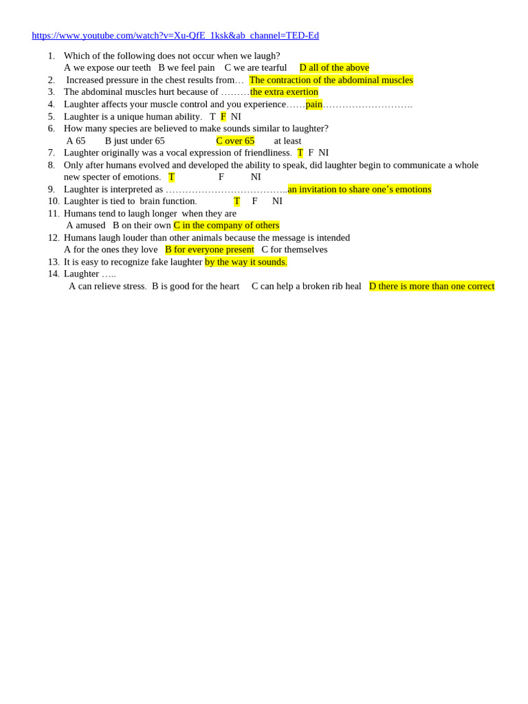 Why Do We Laugh, Video Test, Including Key | PDF