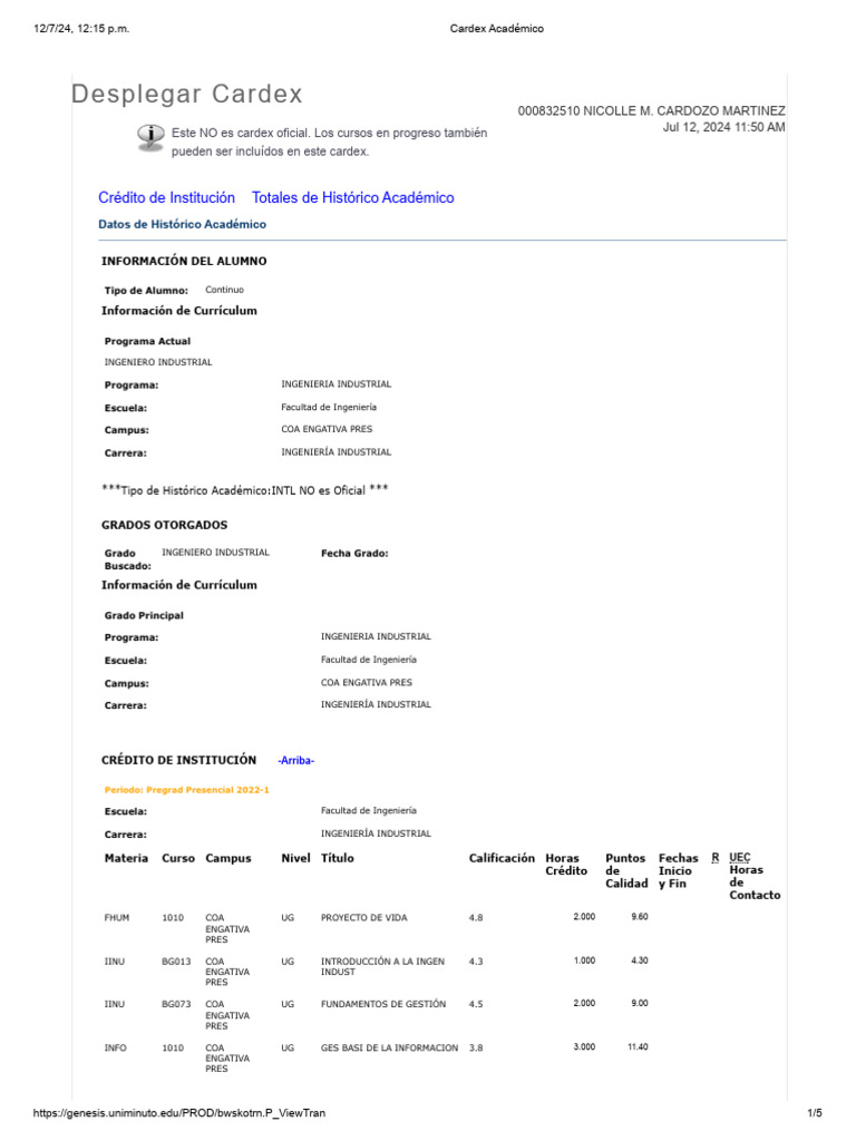 Cardex Académico MARIANA | PDF