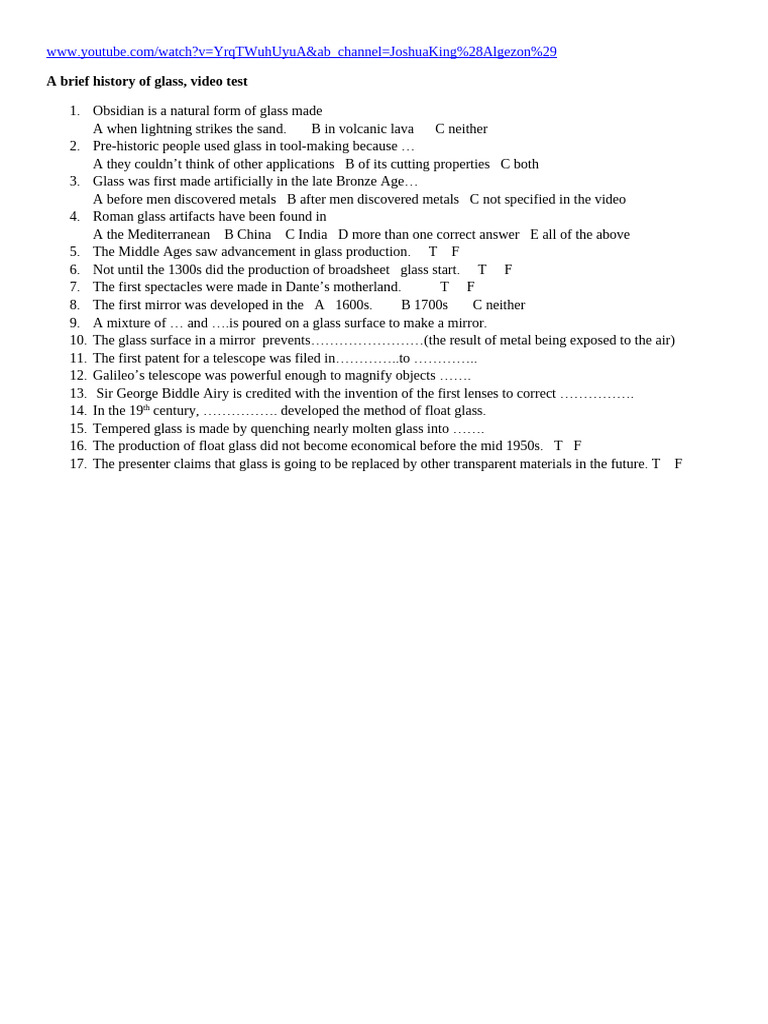 A Brief History of Glass, Class Activity, Including Key | PDF | Social ...