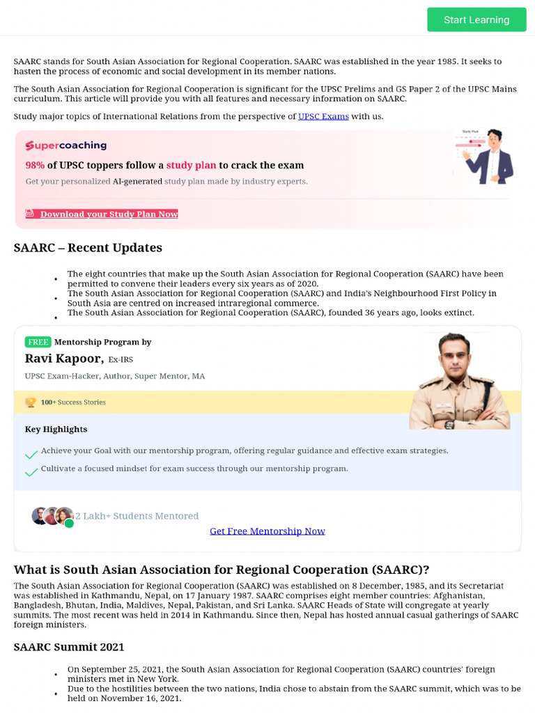 South Asian Association for Regional Cooperation_SAARC_In Detail | PDF