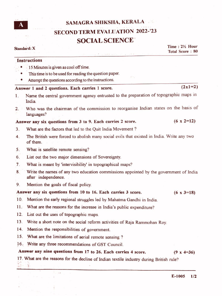 SSLC Second Term Exam 2022 Dec Question Paper - Social Science (EM) | PDF