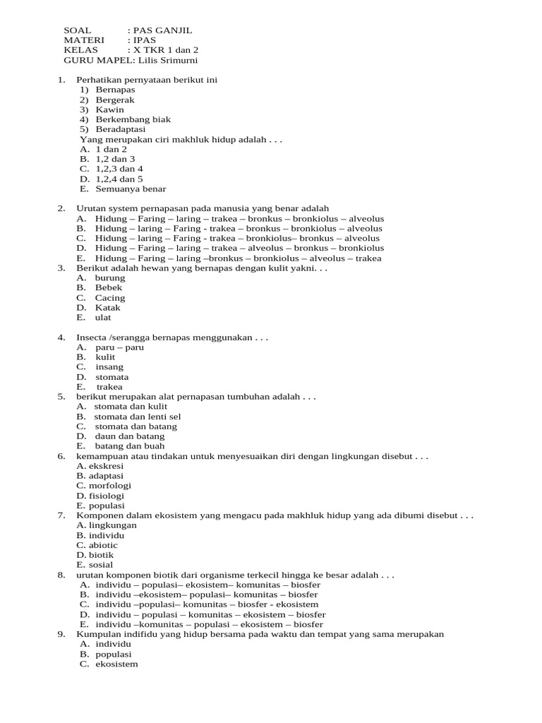 PAS - IPAS - X TKR 1 Dan 2 - SOAL | PDF
