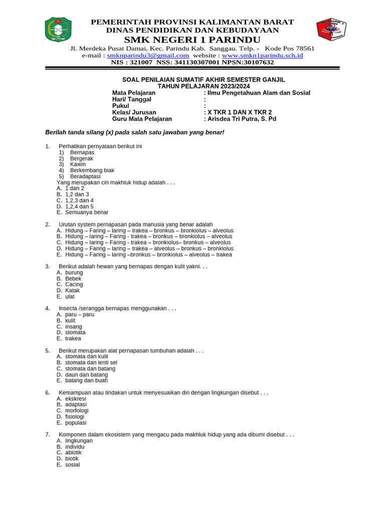 Soal Ipas Kelas X TKR 1 Dan TKR 2 (Ganjil) | PDF