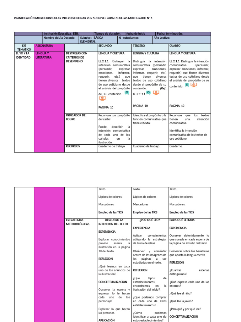 Planificacion Multigrado 2do, 3ro, 4to (1) Leidy S | PDF