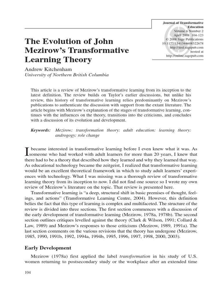 The Evolution of Mezirow's Transformative Learning Theory | PDF