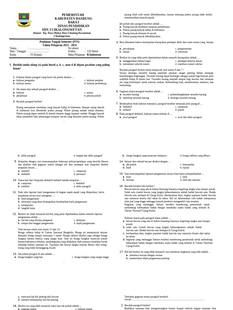 Soal PTS 1 B.INDO Kelas 6 K13 - FIX | PDF