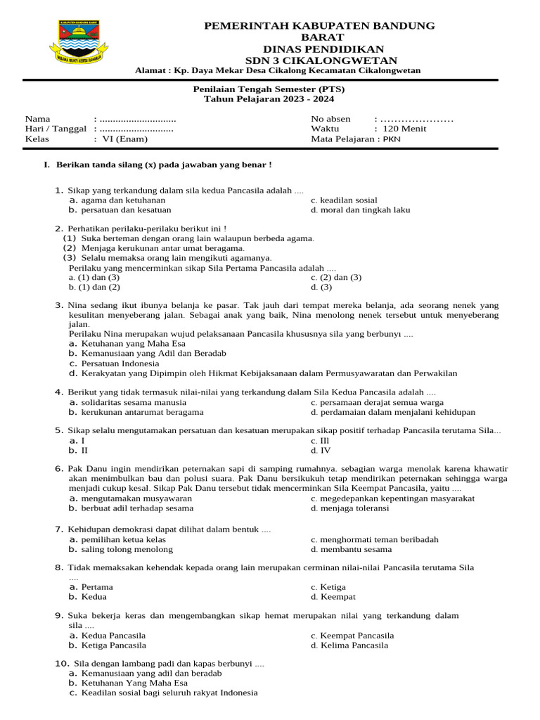 Soal PTS PKN Kelas 6 Semester 1 K13 - FIX | PDF