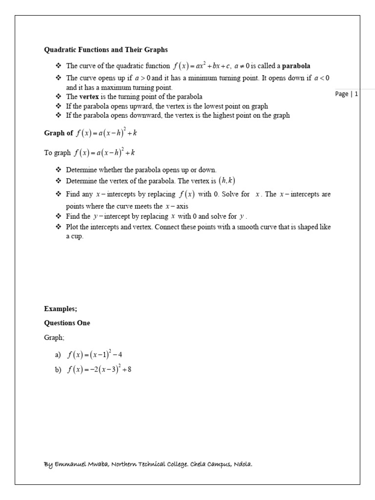 Quadratic Functions and Their Graphs | PDF