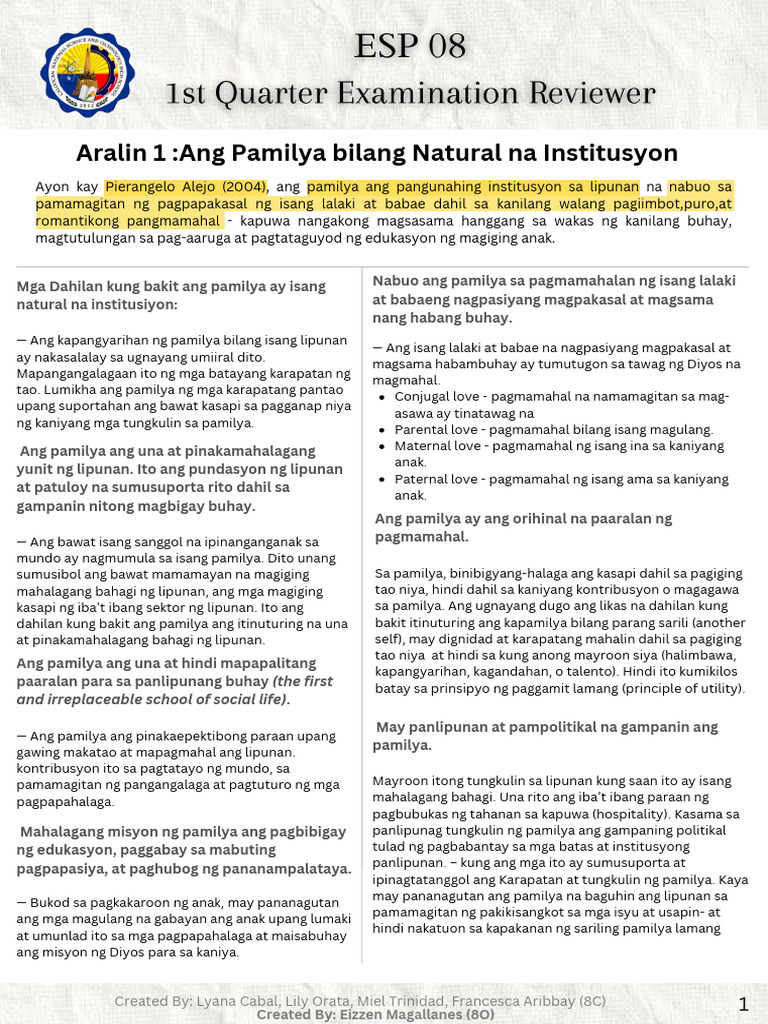 ESP 1st Quarter Reviewer | PDF