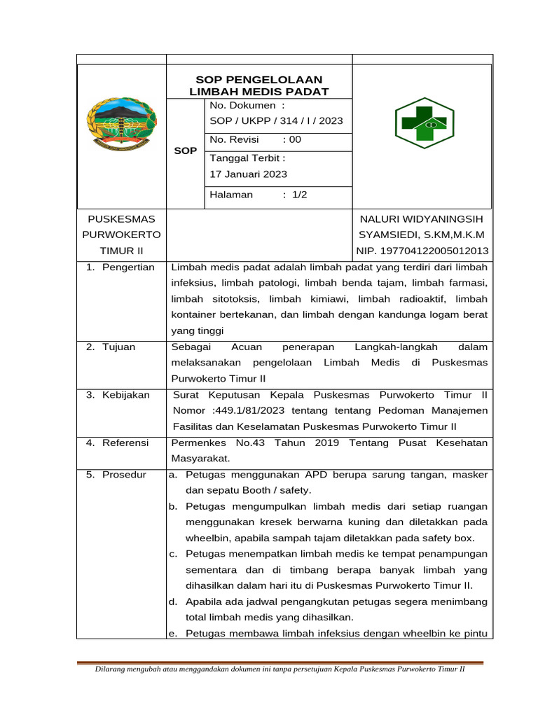 Sop Pengelolaan Limbah Medis Padat | PDF