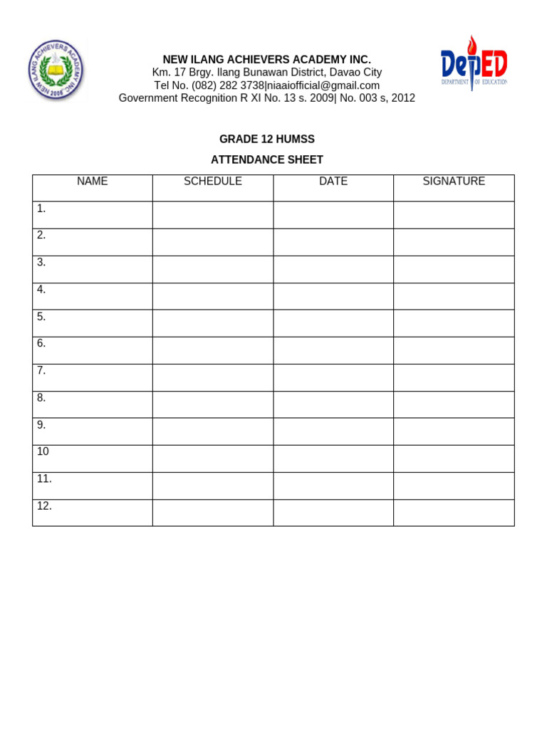 ATTENDANCE SHEET GRADE 12 HUMSS | PDF