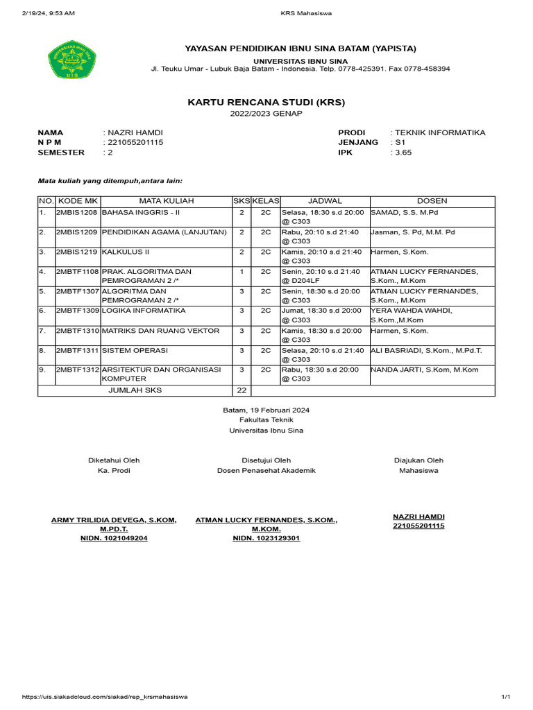 KRS Mahasiswa Semester 2 | PDF