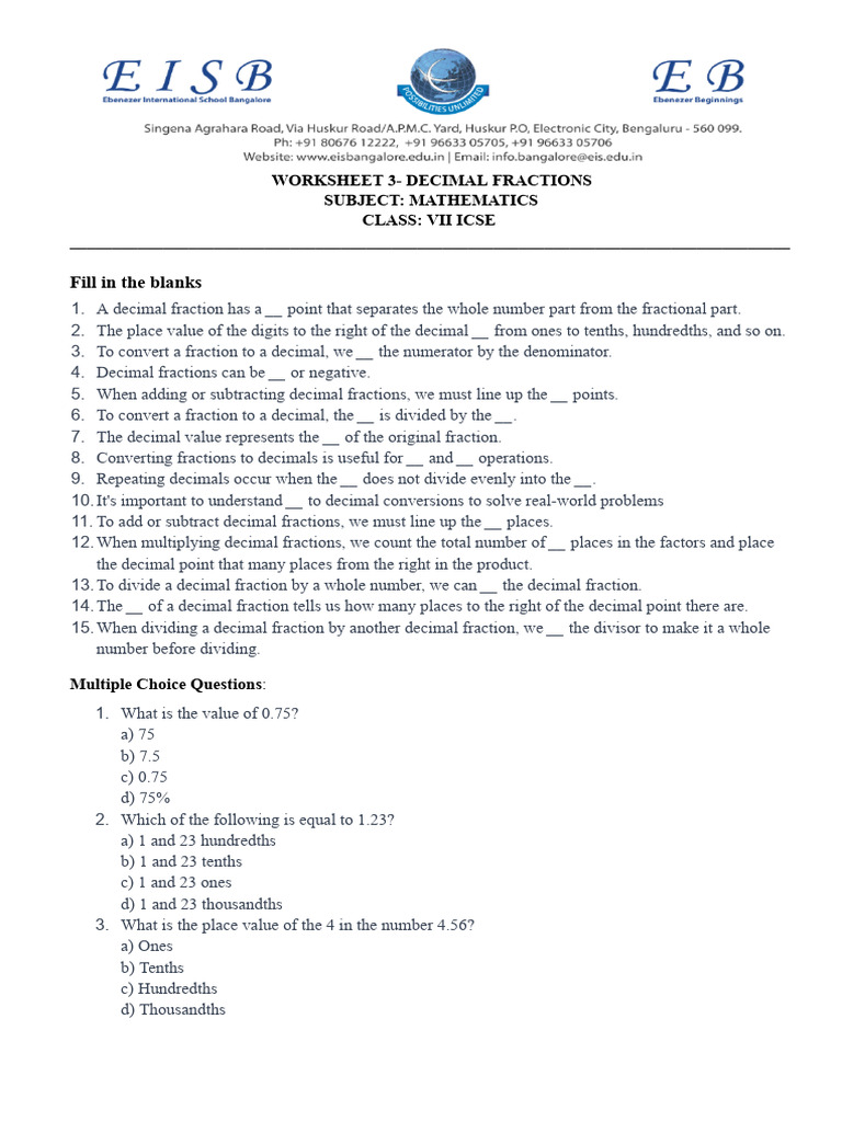 Maths Decimal Fractions Work Sheet Grade 7th | PDF