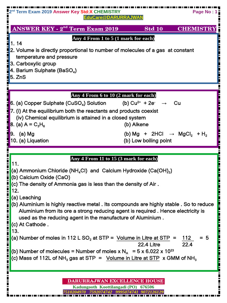 2019 Std 10 Chemistry Exam Answer Key | PDF | Calcium | Teaching ...